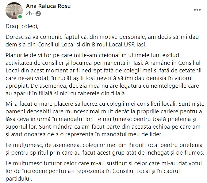 O nouă demisie din Consiliul Local Iași. Ana Roșu, ales USR, renunță la funcția din primărie ...